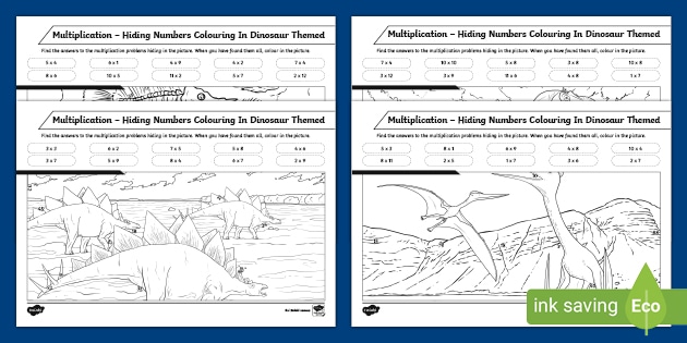 Multiplication – Hiding Numbers Colouring In Dinosaur Themed