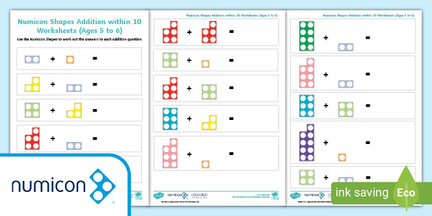 👉 Numicon Shapes Addition within 10 Worksheets (Ages 5 to 6)