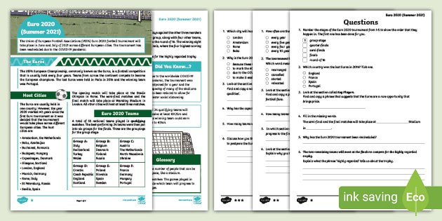 UKS2 Euro 2020 (Summer 2021) Reading Comprehension Activity
