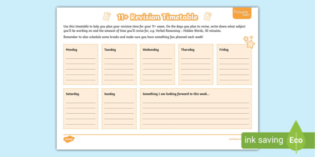 11+ Revision Timetable (teacher made)