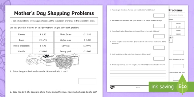 Mother's Day Shopping Problems Worksheet
