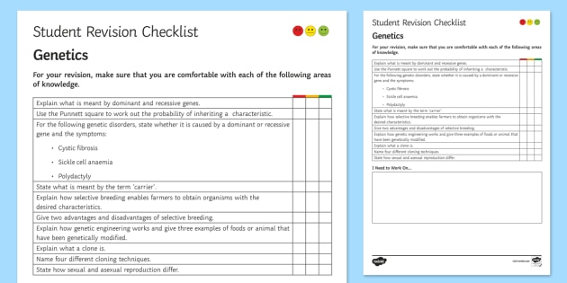 Genetics Student Revision Checklist (teacher made)