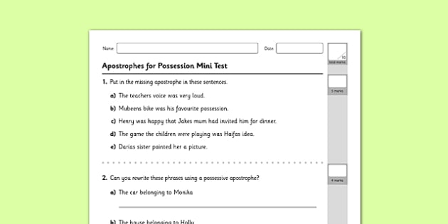 Apostrophes for Possession Mini Test (teacher made)