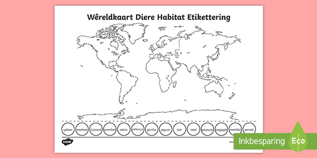 Wêreldkaart Diere Habitatte Etikettering Aktiwiteit