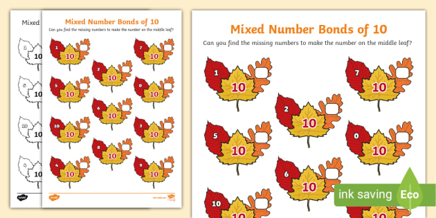 Autumn Leaf Mixed Number Bonds to 10 Worksheet / Worksheet
