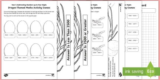 Year 4 Subtracting Numbers up to Four Digits Dragon Themed Maths ...