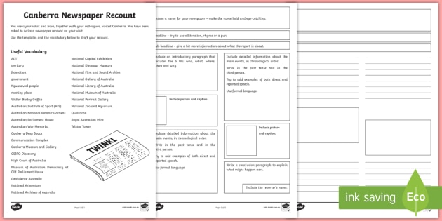 Canberra Newspaper Recount Writing Template (teacher made)