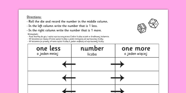 One More One Less Dice Activity Worksheet Polish Translation
