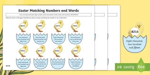 Year 3 Easter-Themed Matching Numbers and Words Differentiated Worksheet