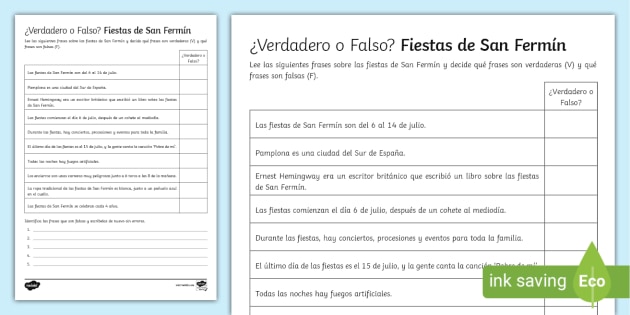 San Fermin Festivities Spanish True or False Worksheet / Worksheet