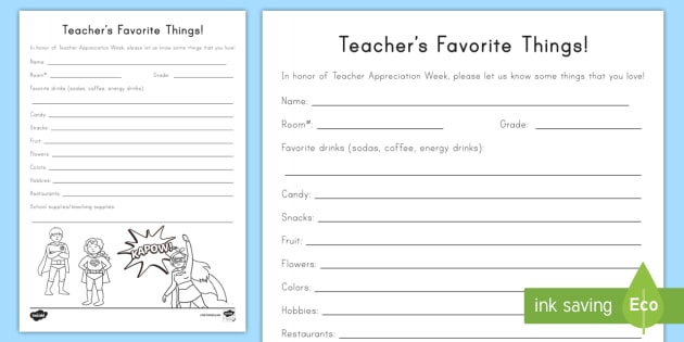 Teacher's Favorite Things Activity - Teacher Appreciation Week, Teacher