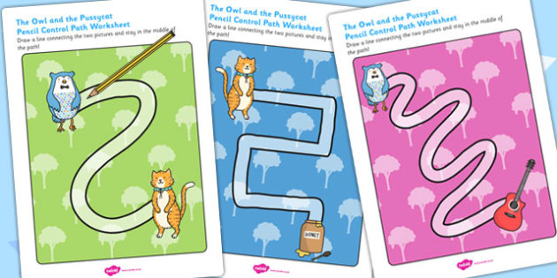 The Owl and the Pussycat Pencil Control Path Worksheets - poems