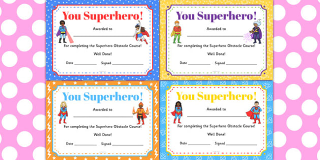 Superhero Obstacle Course Certificates - superhero, obstacle