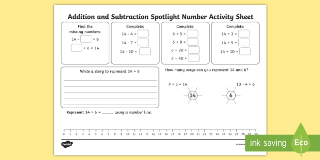 Year 1 Addition Subtraction 2 and 1 digit Spotlight Number Worksheet