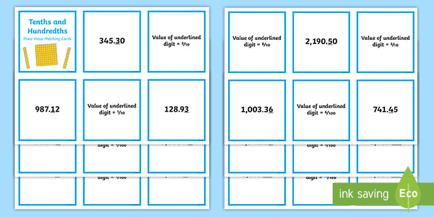 Tenths and Hundredths Place Value Matching Cards