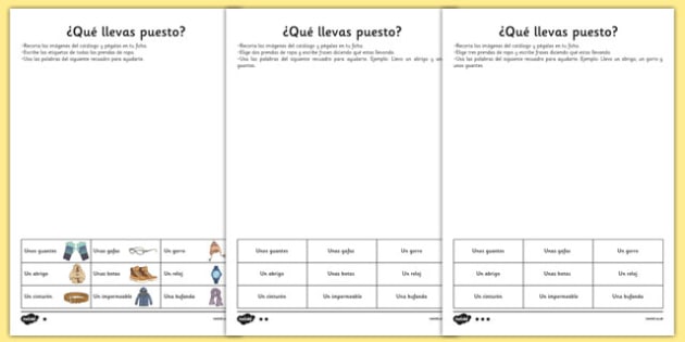 Ficha de actividad - Ropa - llevar, puesto, recortar