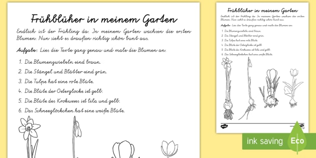 Frühblüher in meinem Garten Arbeitsblatt: Lesen und Malen