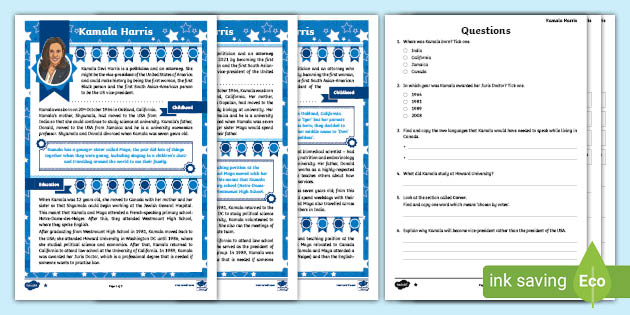 UKS2 Kamala Harris Differentiated Reading Comprehension Activity