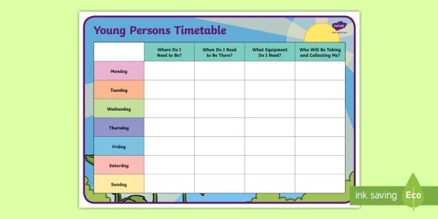 * NEW * Young Persons Weekly Timetable - planner, parental