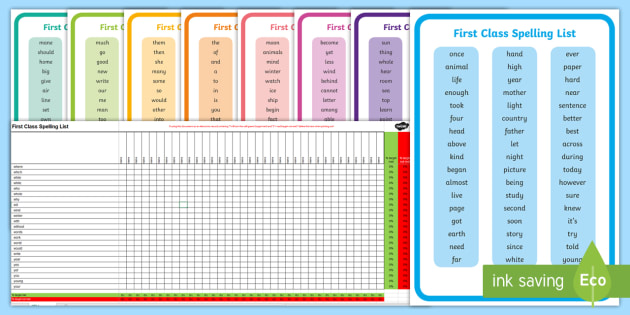 First Class Spelling List Poster And Assessment Pack