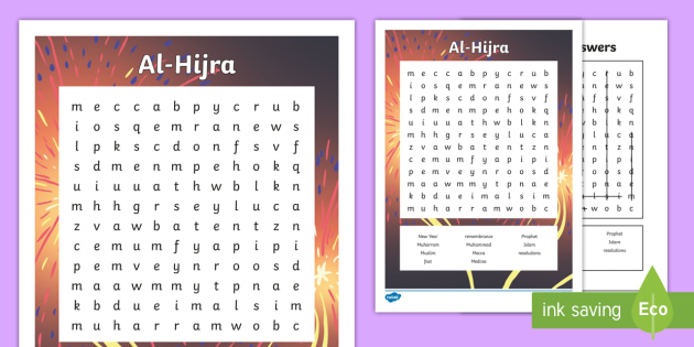 Al-Hijra Word Search - New Year, Muharram, Muslim, Fast, Muhammad, Mecca