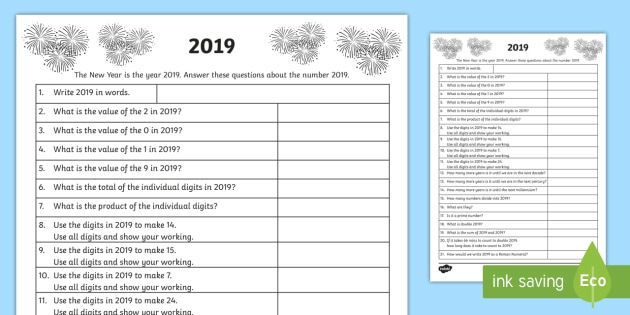 The Year 2019 Number Fact Challenge Worksheet / Worksheet