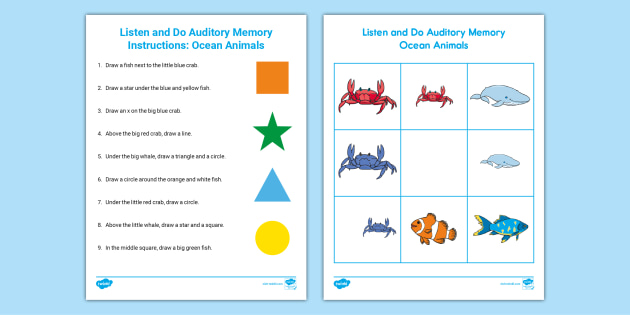 Listen and Do Auditory Memory Activity: 5 Words (Ocean Animals)