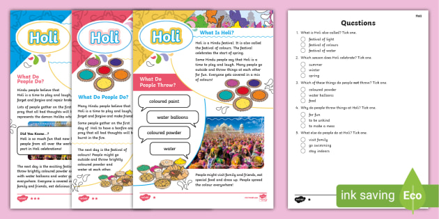 KS1 Holi Differentiated Reading Comprehension Activity