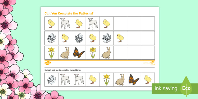 Spring Aistear Complete the Pattern Worksheet (teacher made)