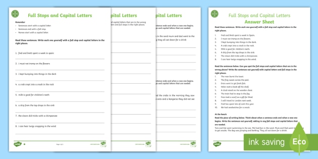 Capital Letters and Full Stops with Phase 4 Words Worksheet
