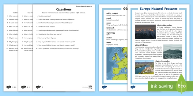 Europe Natural Features Reading Differentiated Comprehension Activity