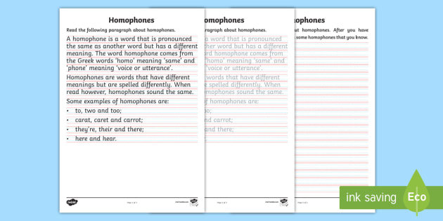 Homophones Handwriting Worksheet / Worksheet