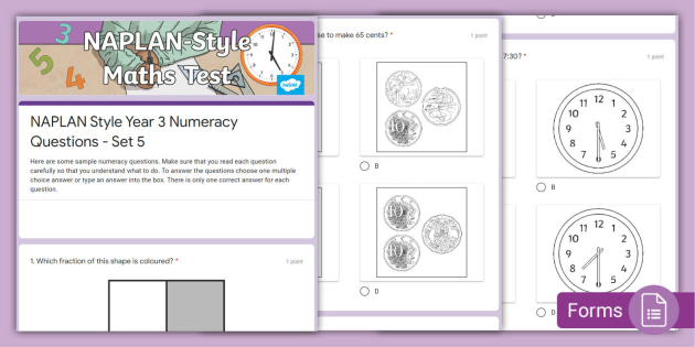 NAPLAN Style Year 3 Numeracy Questions Google Form - Set 5