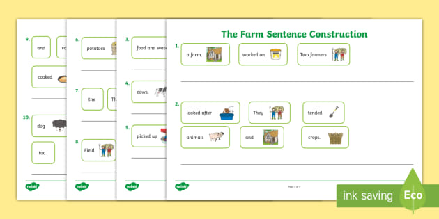 Farm Objects Sentence Construction Worksheet (teacher made)