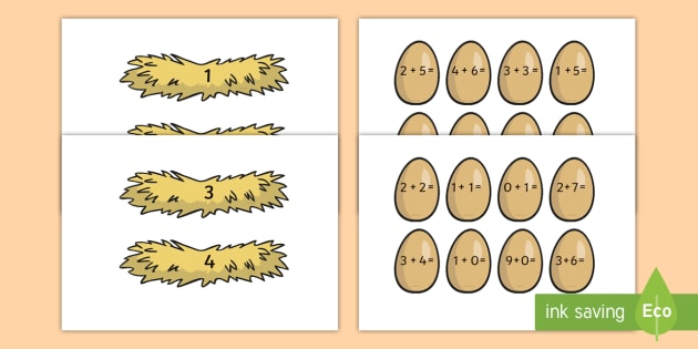 Eggs and Nest Themed Addition to 10 Worksheet / Worksheet English/Spanish