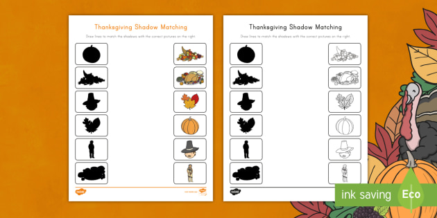 Thanksgiving Shadow Matching Worksheet - usa, america, worksheets, shadows