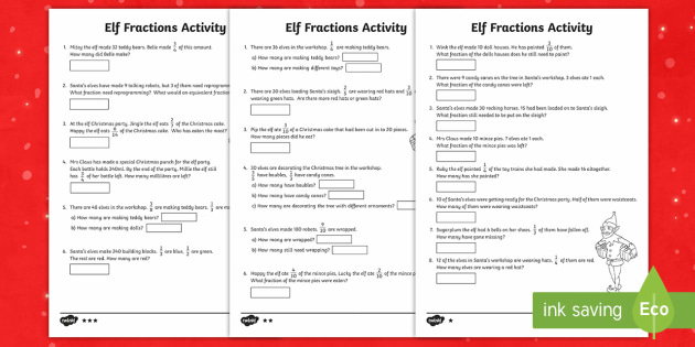Differentiated Elf-Themed Christmas Fractions Worksheets
