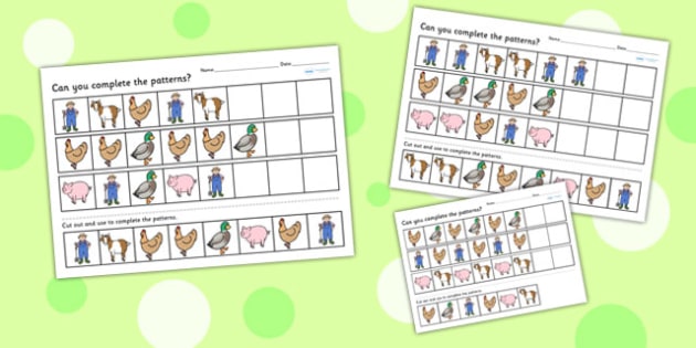 Farm Themed Differentiated Complete the Pattern Worksheet - farms