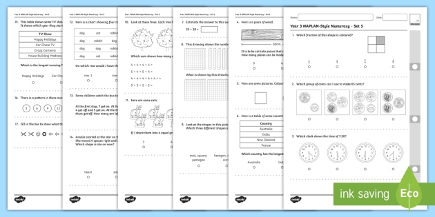 NAPLAN Style Numeracy Year 3 Example Test Set 5 Exam Questions Pack