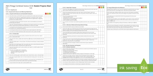 AQA (Trilogy) Unit 5.10 Using Resources Student Progress Sheet