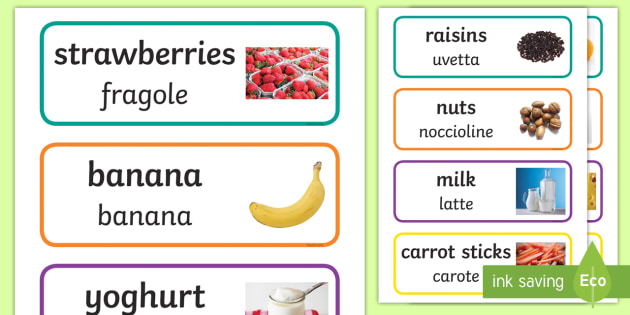 Snack Time Food Photo Word Cards English/Italian - Snack Time Food ...