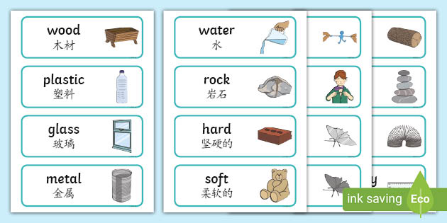 Year 1 Everyday Materials Scientific Vocabulary Cards - English/Mandarin