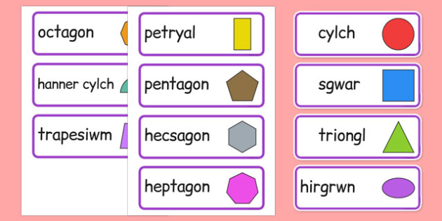 2D Shape Word Cards Cymraeg