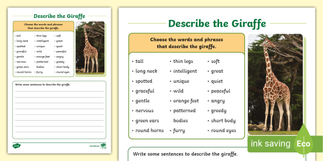 Describe the Giraffe Writing Activity Sheet (teacher made)