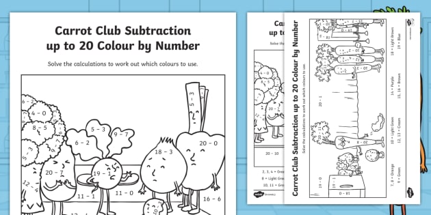 Carrot Club Subtraction up to 20 Colour by Number