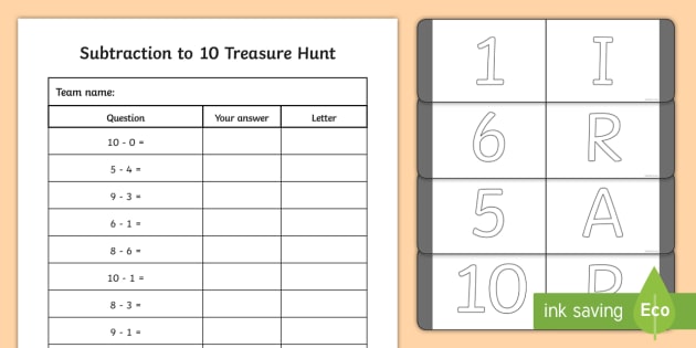 Subtraction to 10 Treasure Worksheet / Worksheet - - Subtraction to 10