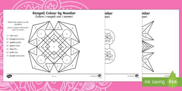 Rangoli Colour by Number Worksheet / Worksheets English/Italian