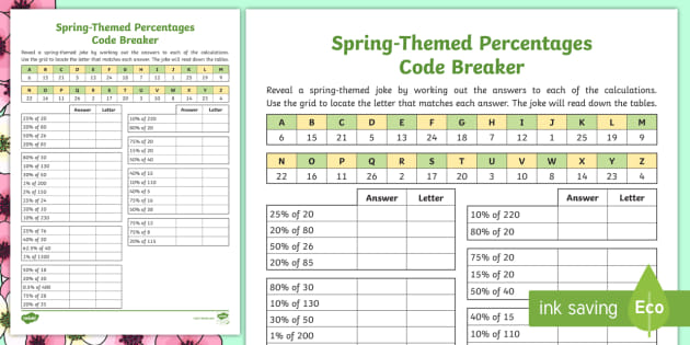 Spring Themed Percentages Code Breaker Activity