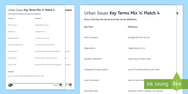 Urban Issues Mix and Match 4 Worksheet / Worksheet - Urban Issues and