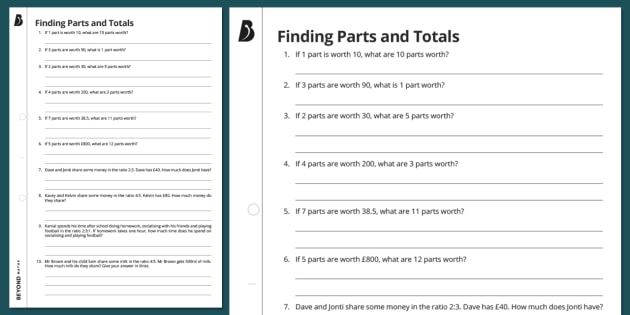 👉 Finding Parts and Totals Worksheet (teacher made)